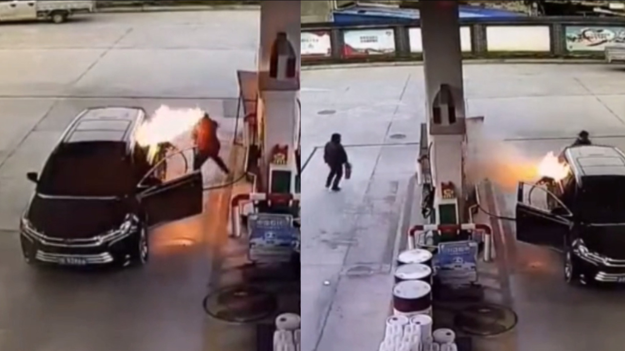 男子拔加油枪疑起火,拿起灭火器却不会用,幸亏工作人员及时赶到