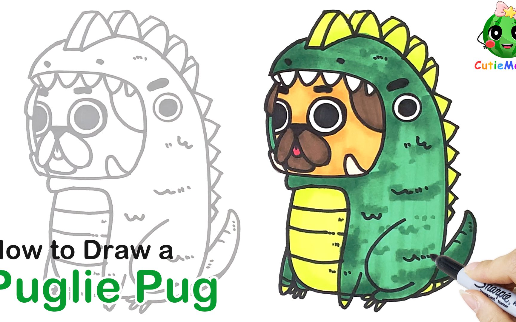 儿童简笔画穿着恐龙衣服的哈巴狗 How to Draw a Puglie Pug ! ߐ� ...