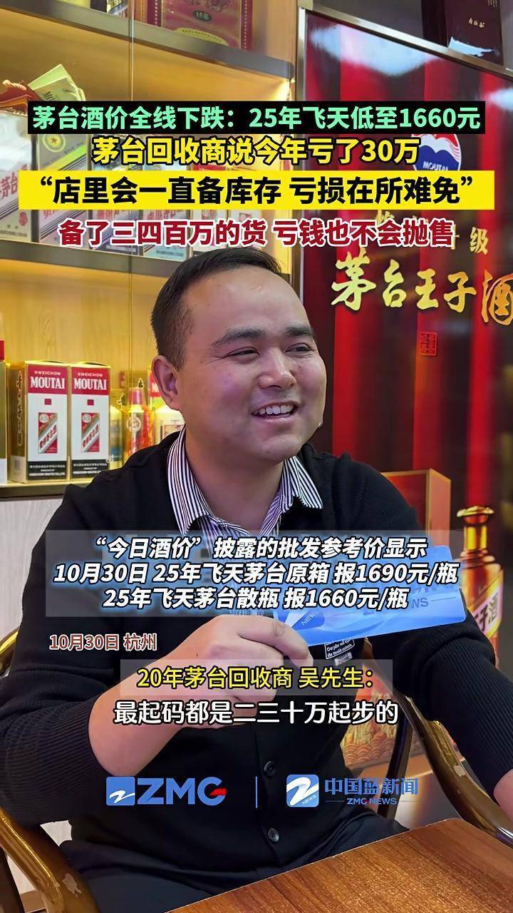茅台酒价全线下跌:25年飞天低至1660元。10月30日,杭州一茅台回收商...