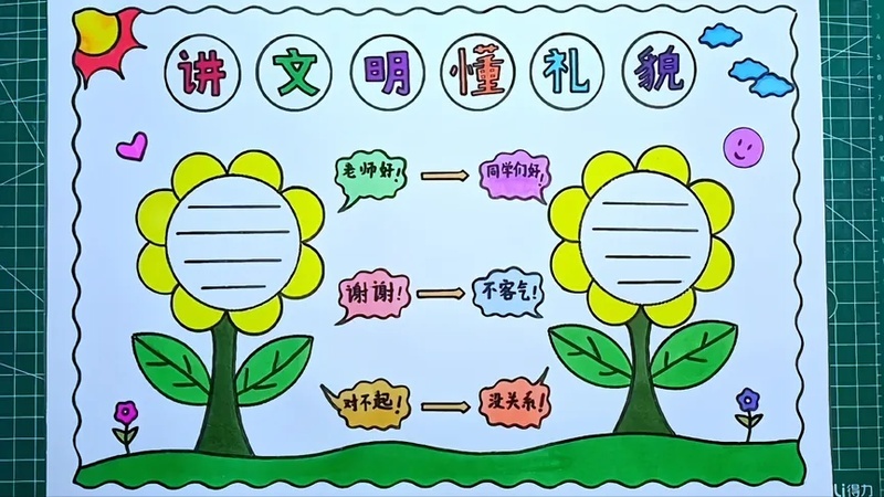 简单漂亮的讲文明懂礼貌手抄报线稿模版教程来了