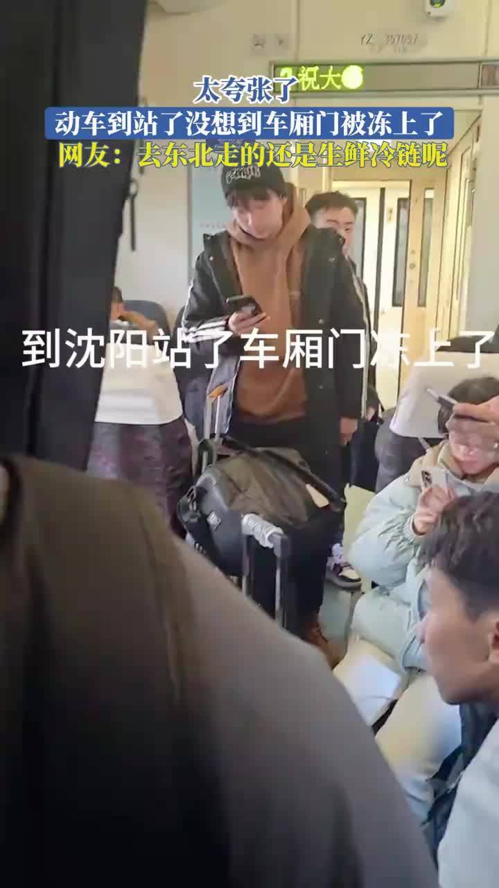 太夸张了,动车到站了没想到车厢门被冻上了