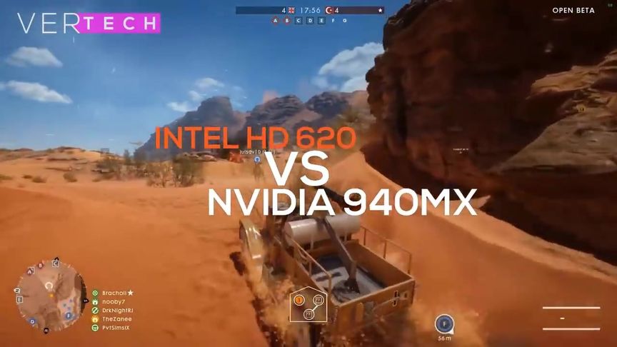 英特尔 HD 620 VS 英伟达 Geforce 940MX 游戏性能测试