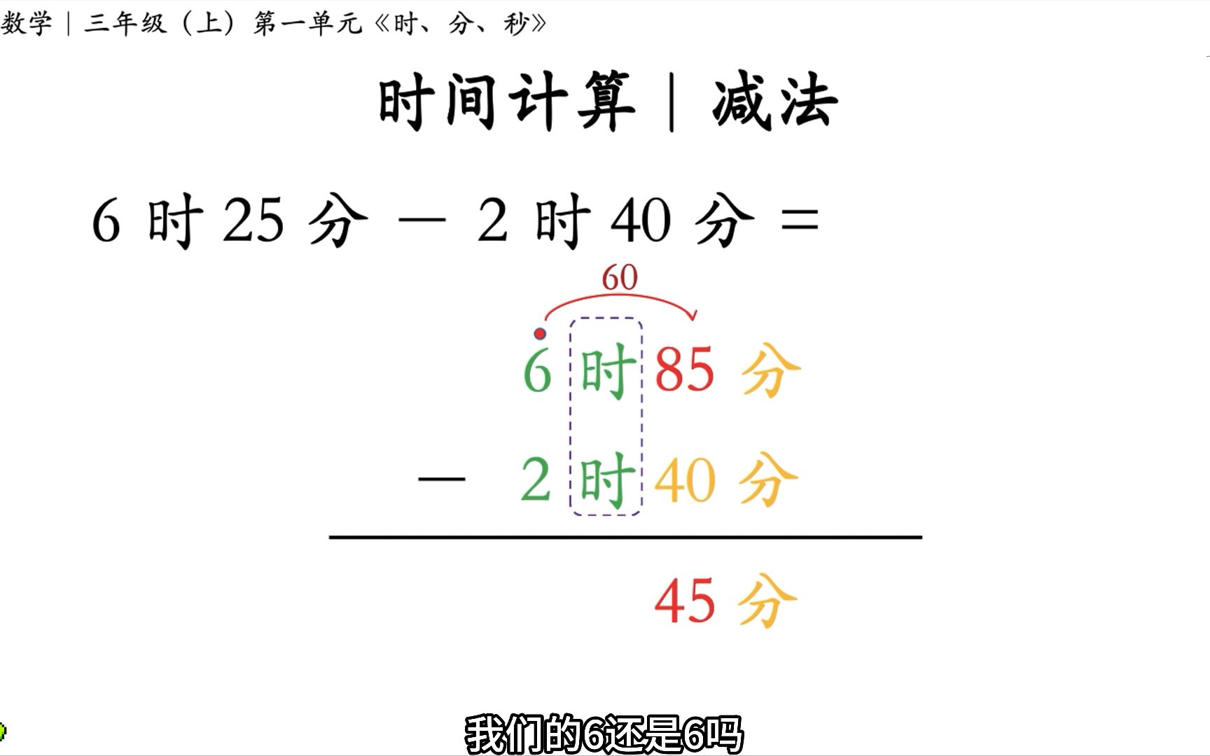 时间计算·减法|6时25分-2时40分=