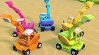 儿童工程车动画 启蒙音乐剧 许多可爱的挖掘机挖宝藏表演