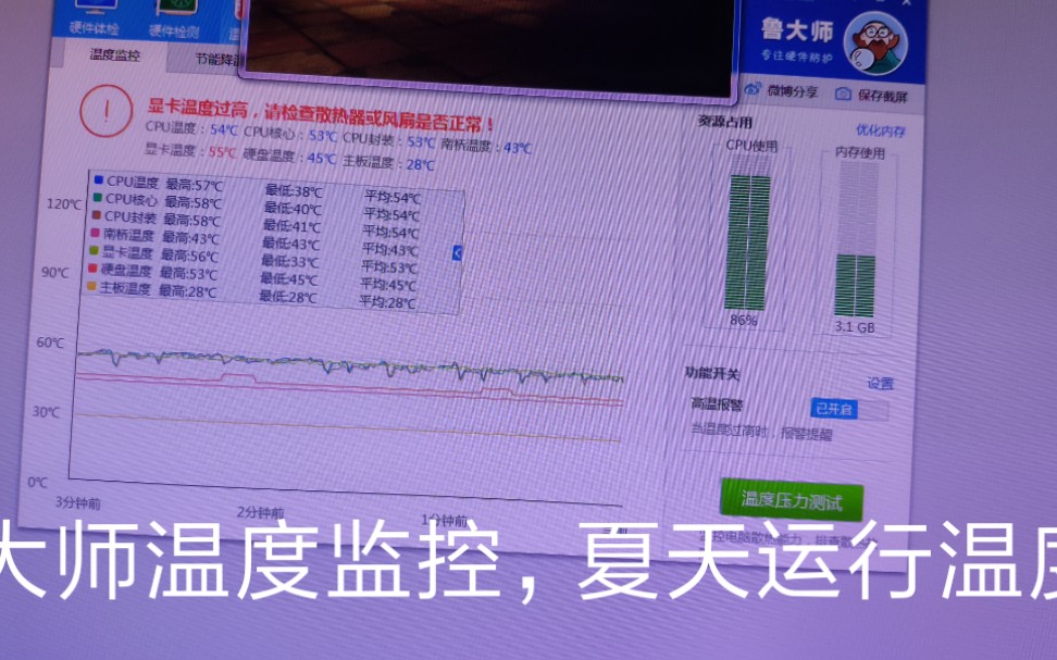 在家里台式机电脑跑鲁大师温度监控效果,散热系统的好坏与改造视频...