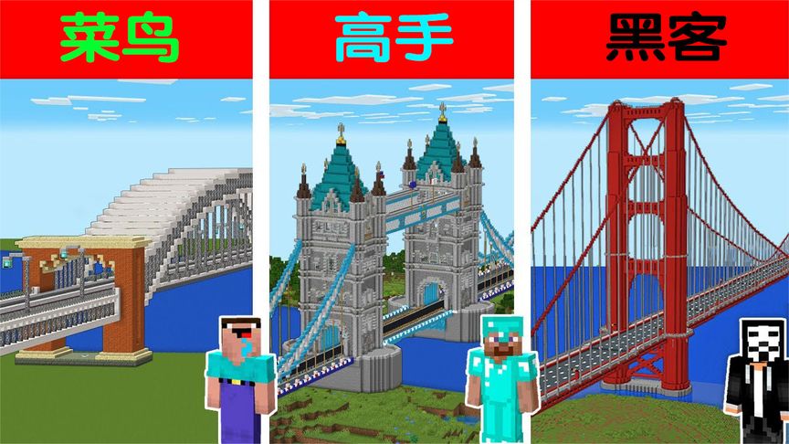 Minecraft我的世界：建造真正的跨海大桥挑战赛-菜鸟vs高手vs黑客