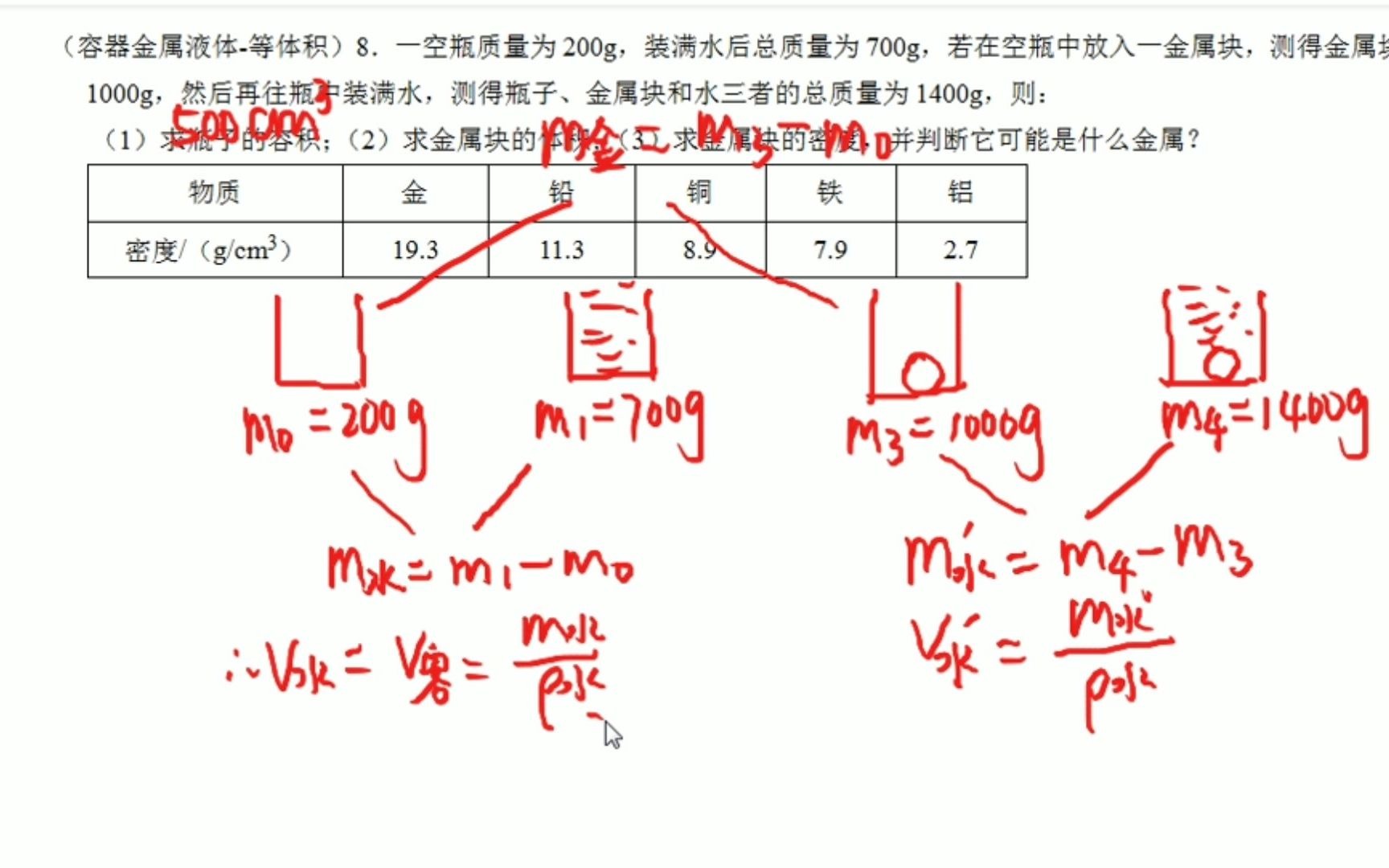 八年级上学期物理-质量与密度计算题-T8-容器金属液体-等体积