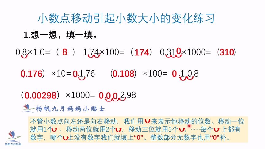 四年级。小数点移动的方法。