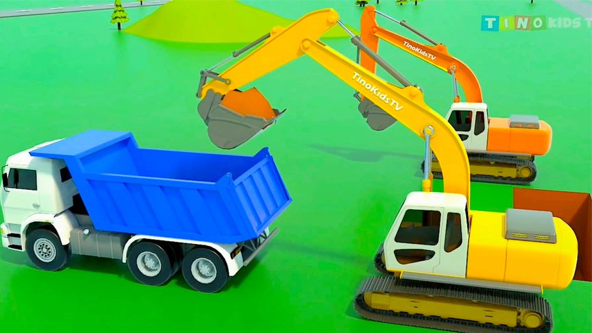 儿童工程车动画:挖掘机、自卸车和水泥车正在建设加油站