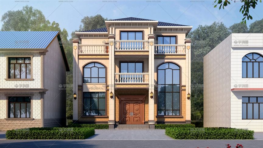 双拼三层小洋楼,大落地窗搭配排水屋顶,建在农村再合适不过!