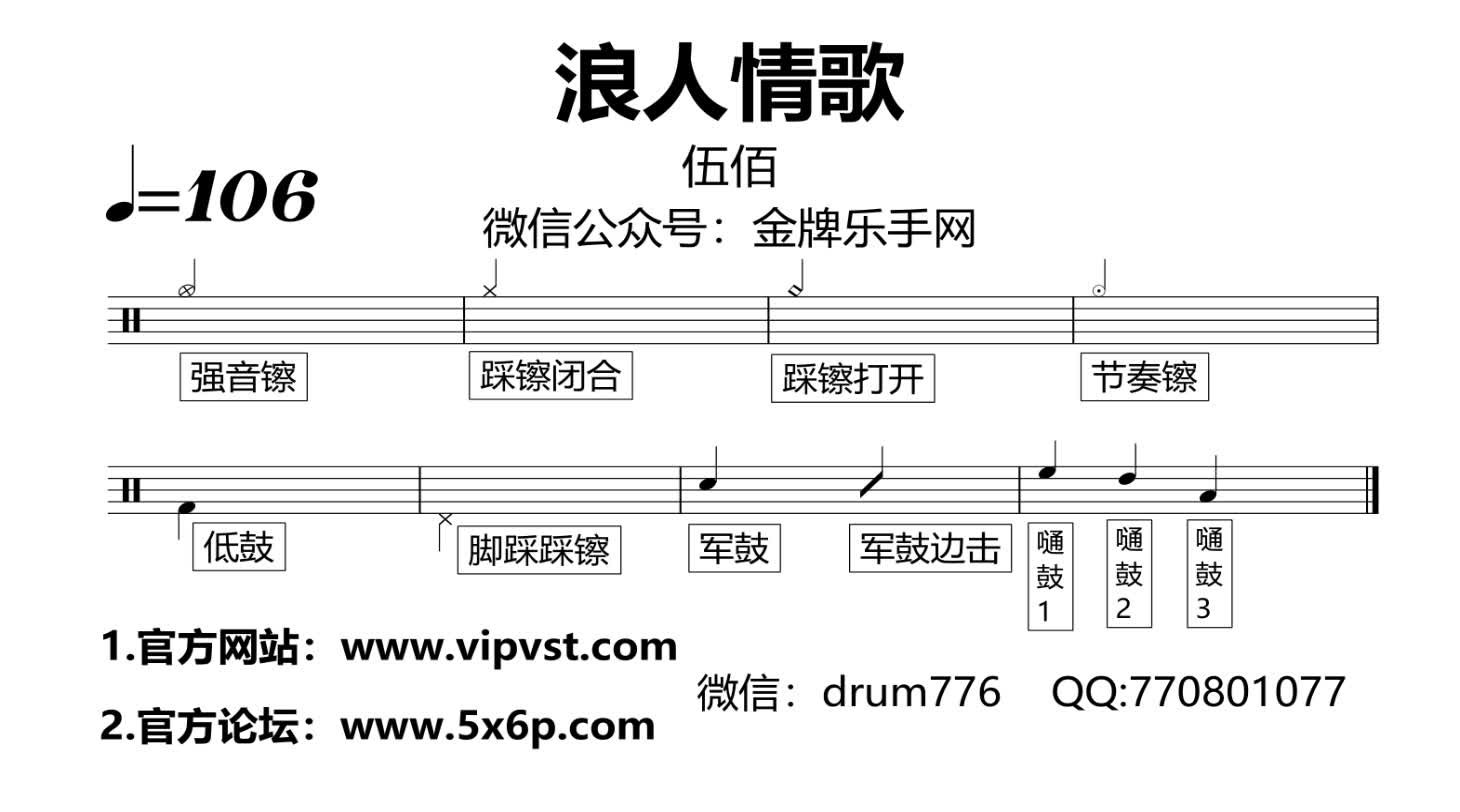 【金牌乐手】360.伍佰 - 浪人情歌 鼓谱 动态鼓谱