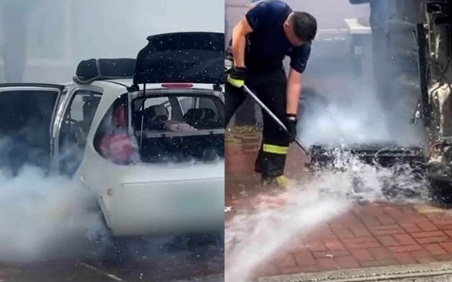 高温天电动汽车突发自燃,现场浓烟滚滚,消防员冒险撬开电池灭火