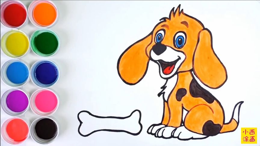 亲子创意简笔画,画正在啃骨头的小狗,涂色识色提高萌宝创造力