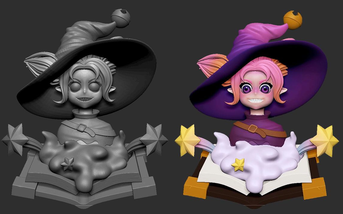 【zbrush手办雕刻】从球开始制作版小魔女,角色模型上色渲染完整案例...