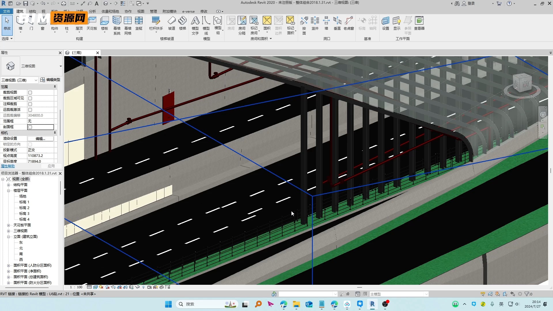 【BIM模型】LOD450级别市政道路/公路带下穿隧道(河流)的revit模型,...