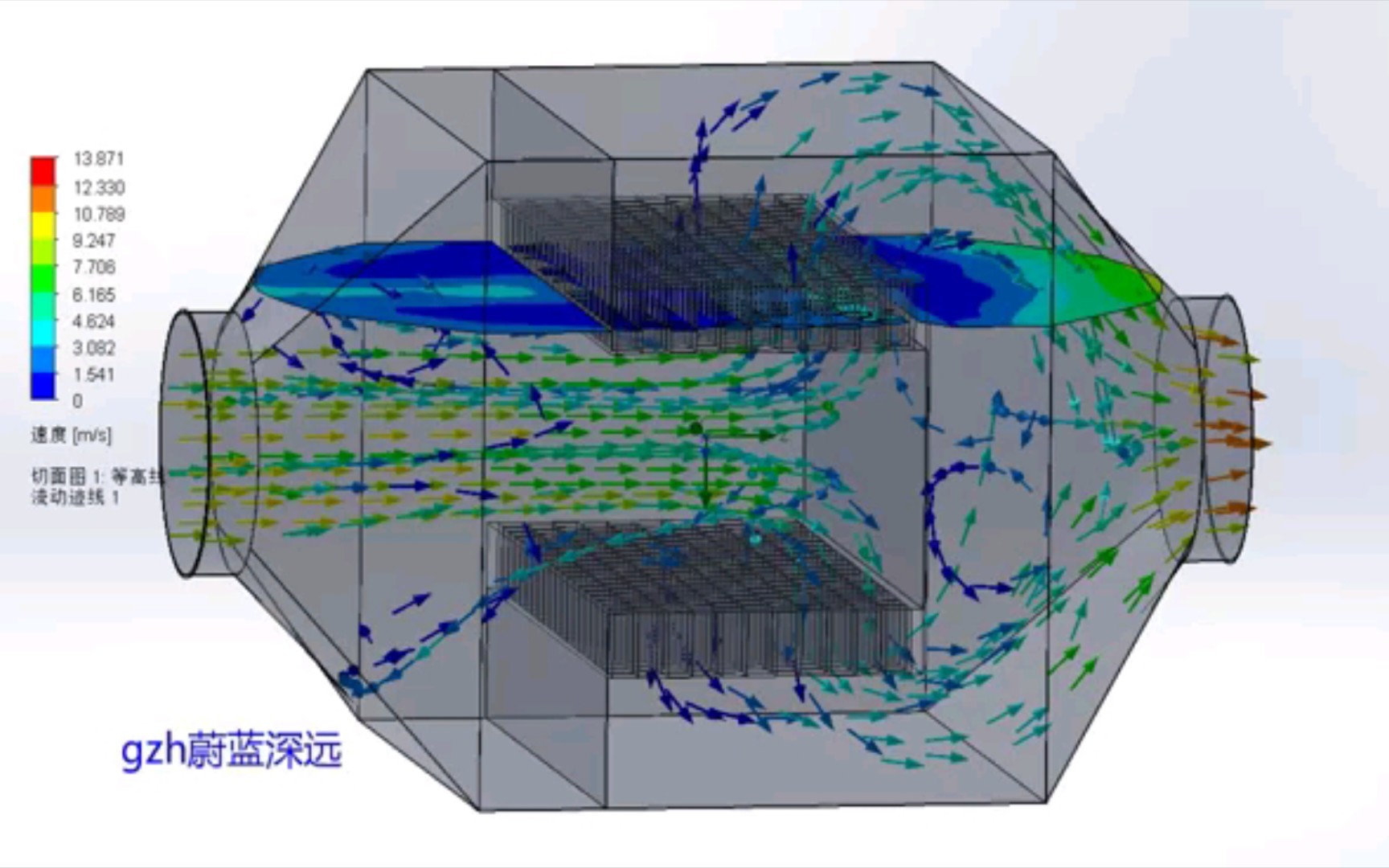 ...吸附箱内部气体流动1-2上视截面+流动迹线图-sw flow simulation模拟