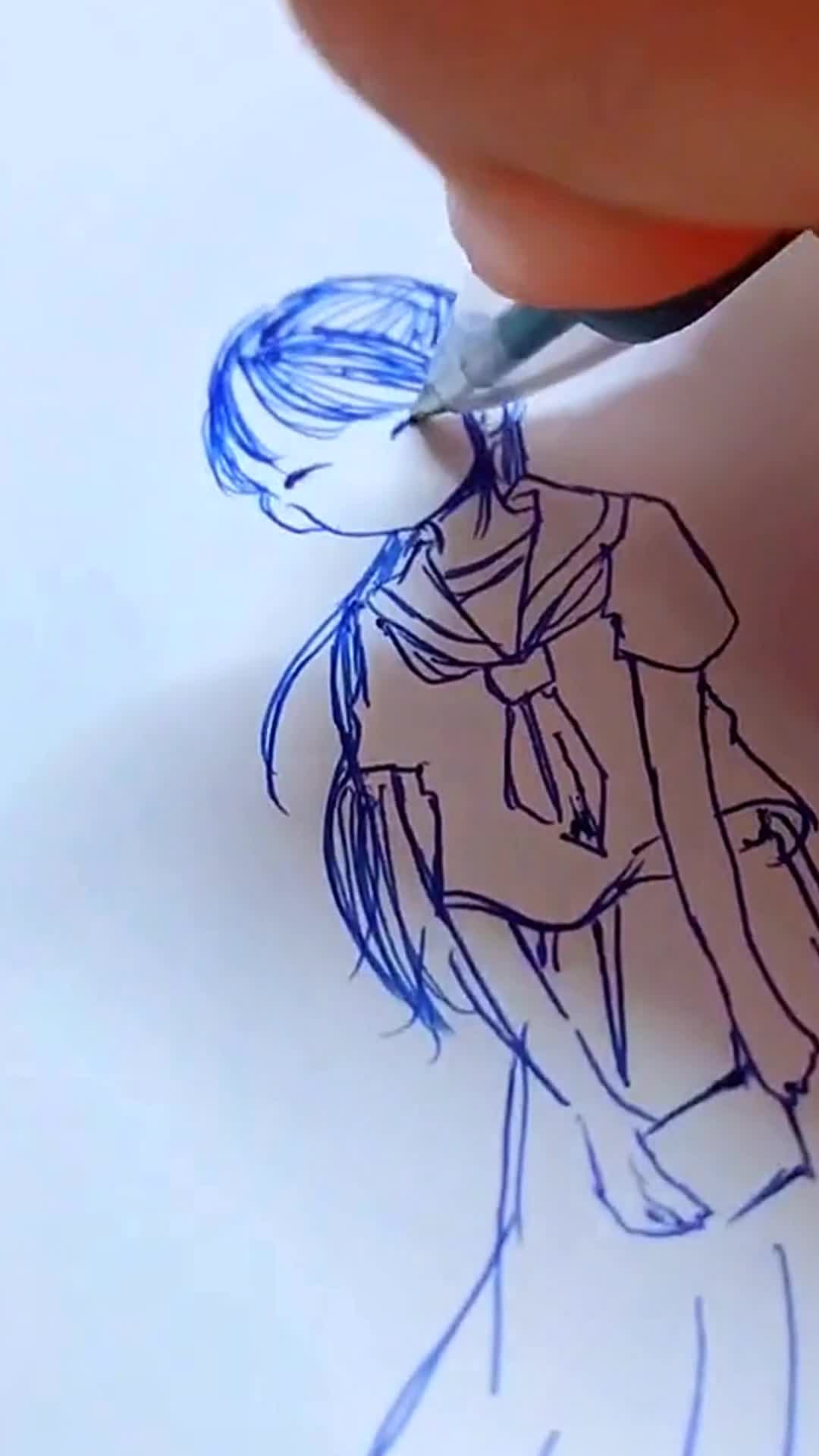 画一个穿着校服的小姑娘,简单画画,小学生也能学会哟~