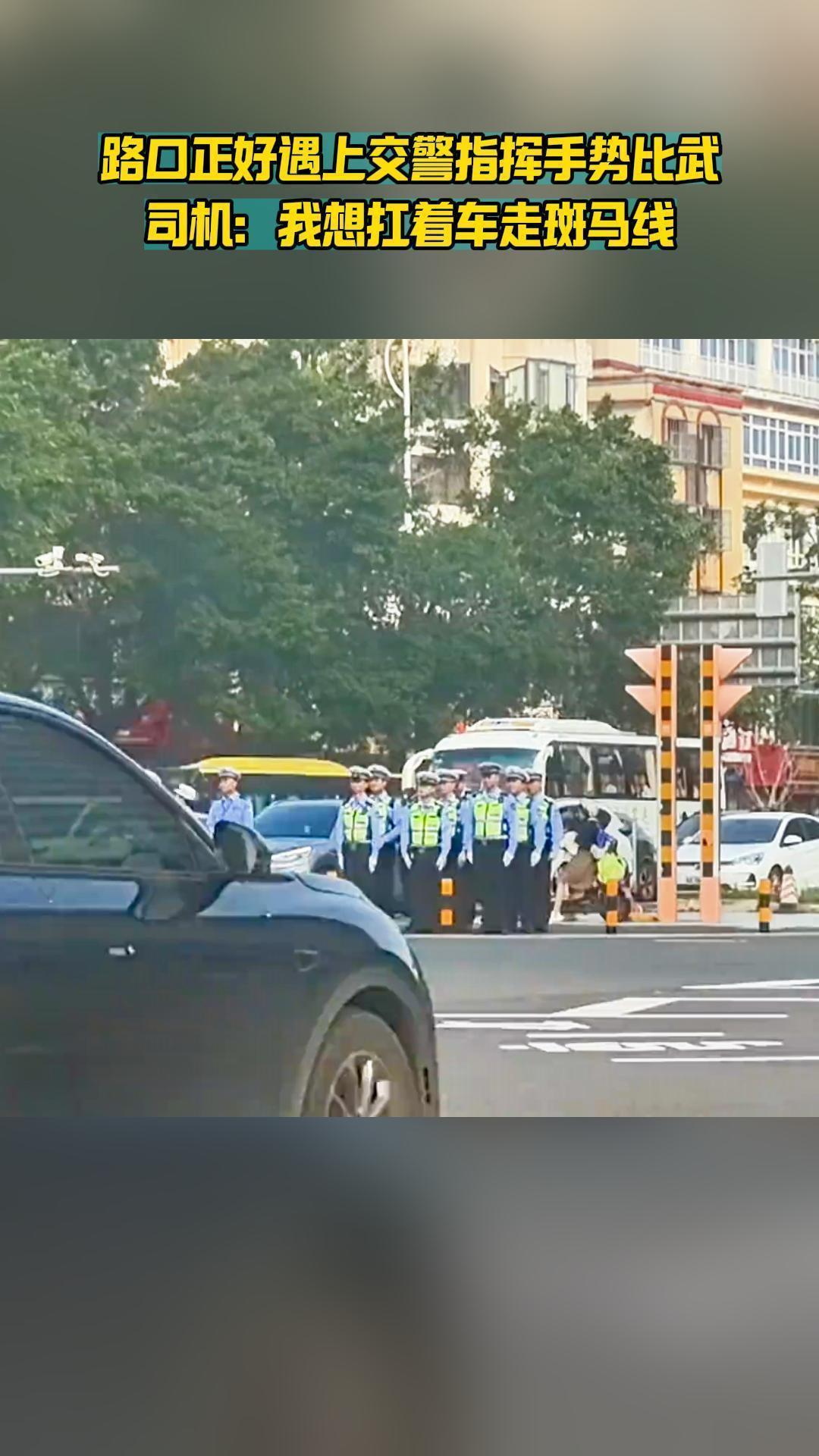 路口正好遇上交警指挥手势比武,司机:我想扛着车走斑马线