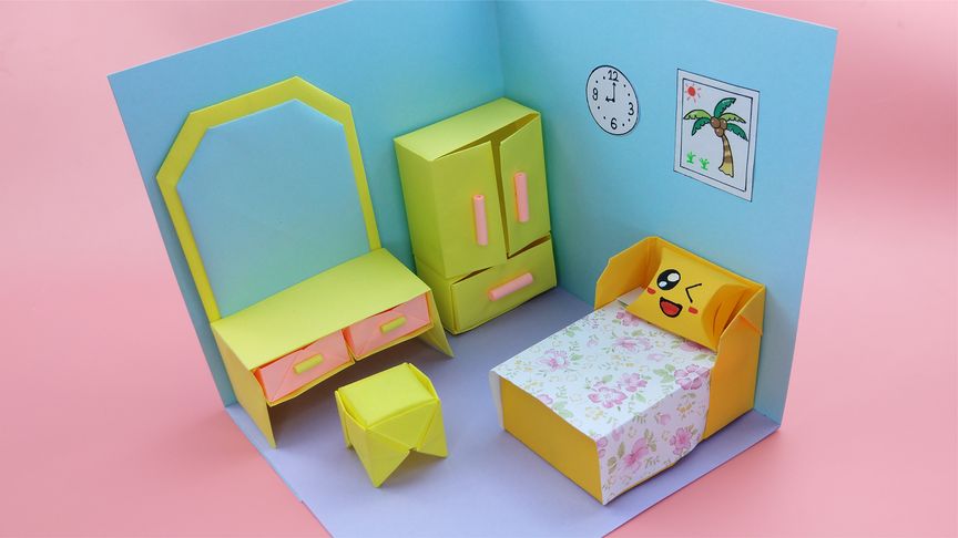 给芭比做漂亮的迷你房间,有床、衣柜和梳妆台,手工折纸DIY教程