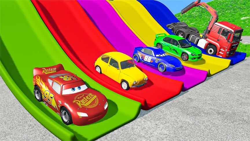 五颜六色的小汽车他们在进行一场比较激烈的比赛 儿童动画片