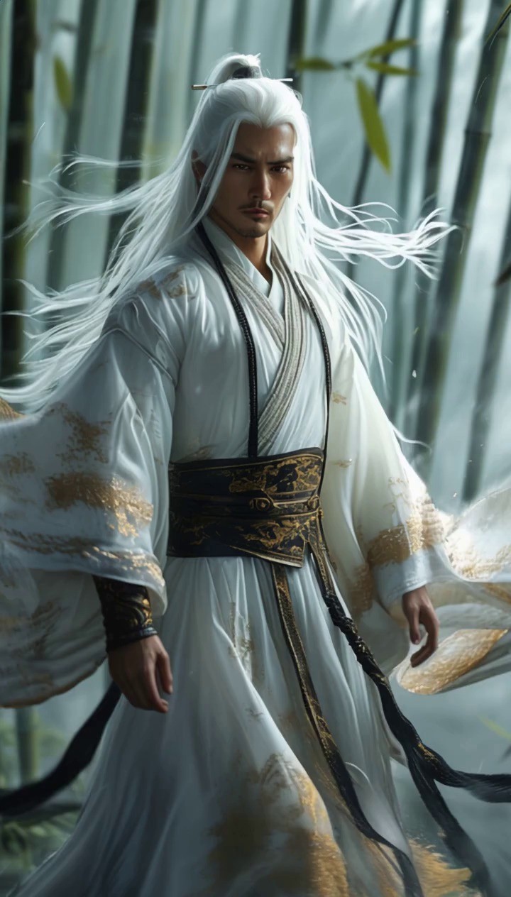 身着淡青色汉服的古代男子,银白色长发垂至腰间,面容清冷俊逸,竹林间...