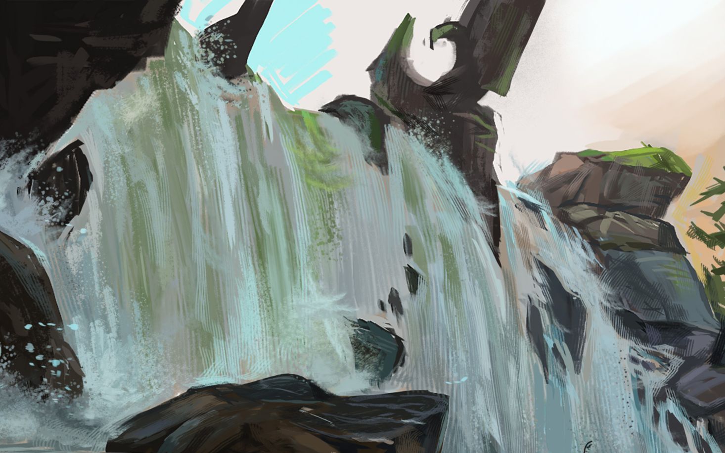 PS手绘板绘-瀑布水流潮湿岩石