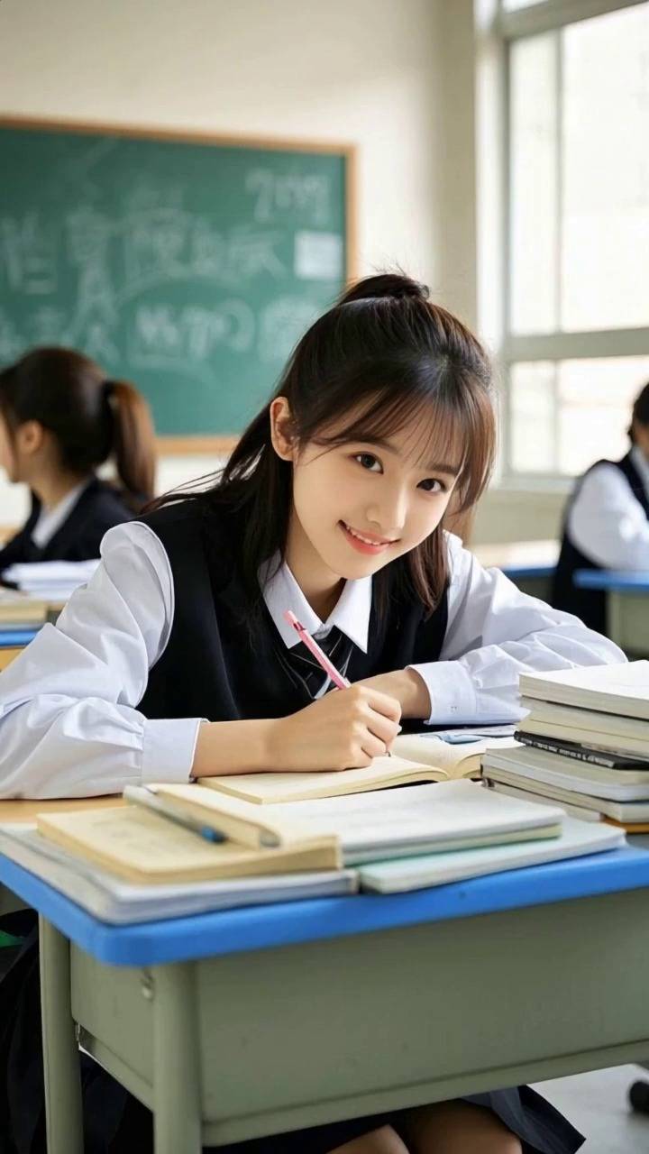 年轻女学生在明亮的教室内专注书写笔记,课桌上摆放着整齐的课本和...