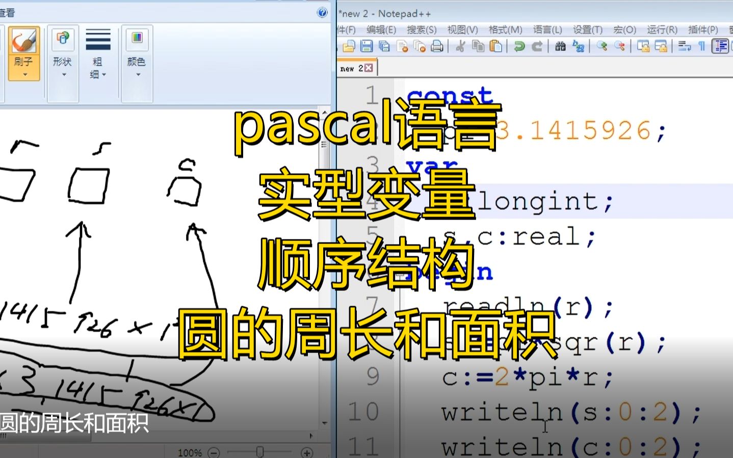 实型变量 保留小数 顺序结构 圆的周长和面积 pascal语言描述