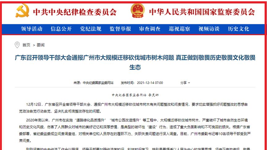广东召开领导干部大会通报广州市大规模迁移砍伐城市树木问题