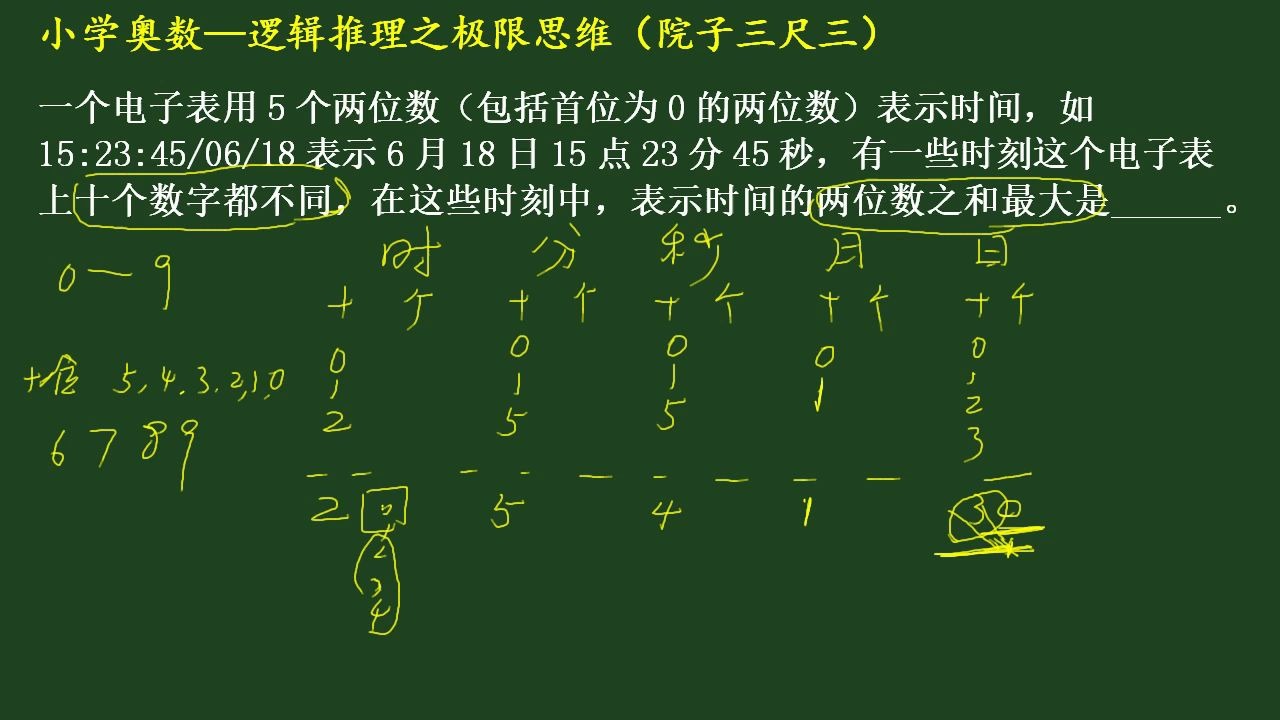 小学奥数,逻辑推理之极限思维,关于时间的5个两位数和的最大值