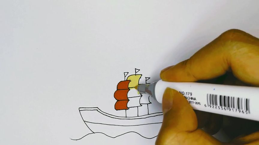手绘简笔画第28弹,手绘彩色帆船,马克笔上色,儿童画画基础教程