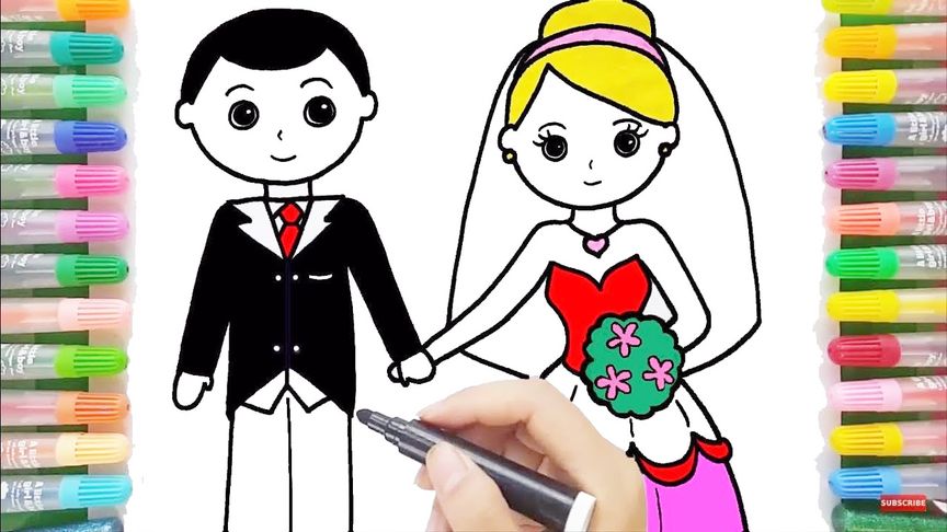 儿童着色绘画教程,学画新娘和新郎,快来一起学哦!