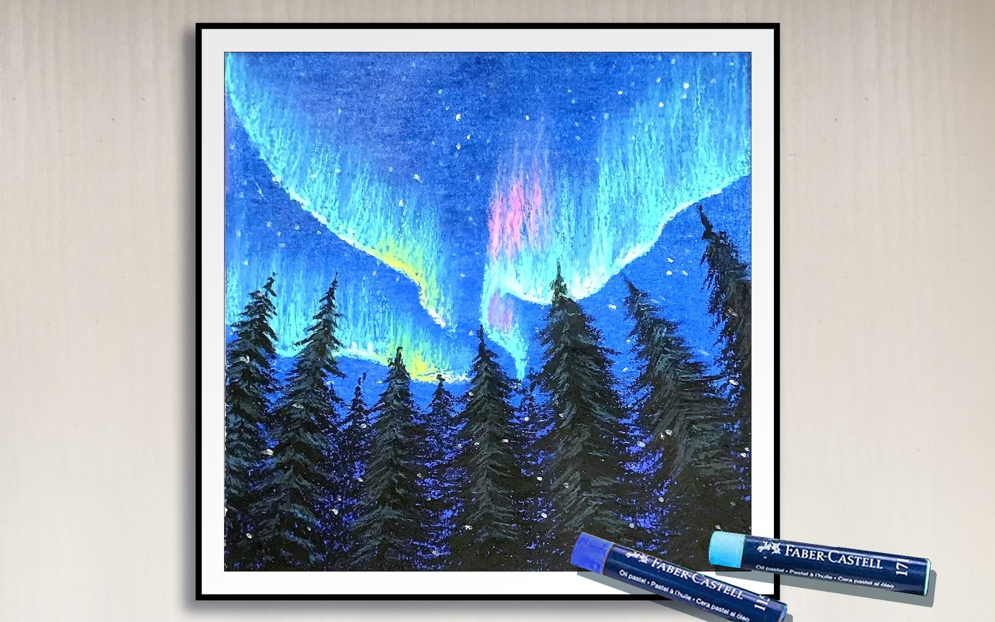 油画棒风景-用油画棒画极光和森林风景,完整手绘过程记录分享