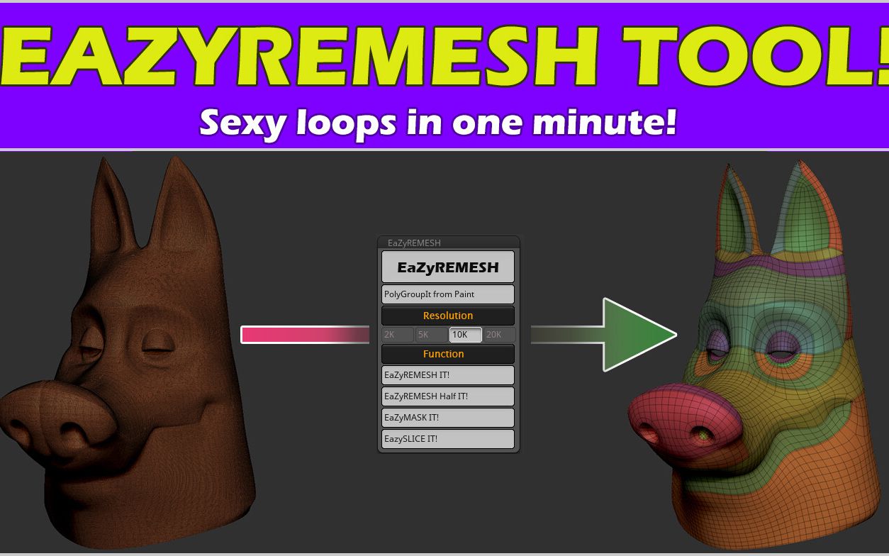 ZBrush拓扑插件:EaZyremesh Tool! A retopology plugin for Zbrush.