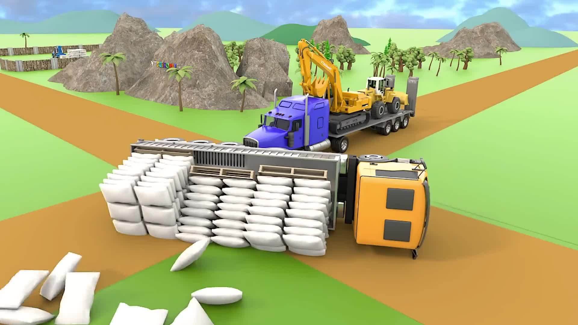 运输货物的大卡车和运输工程车的卡车发生了事故,工程车队修建了新...