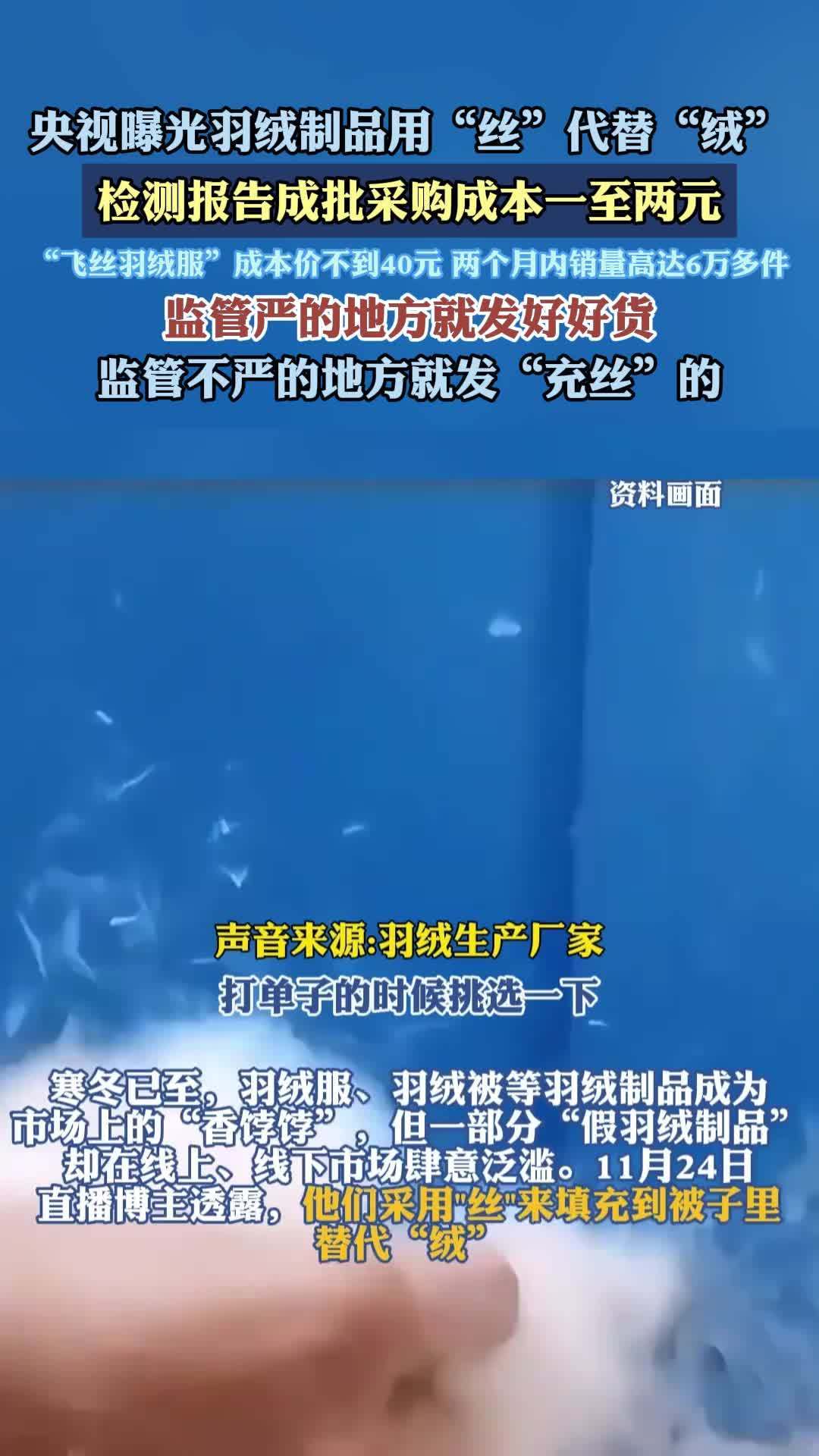 央视曝光羽绒制品用“丝”代替“绒”,检测报告成批采购