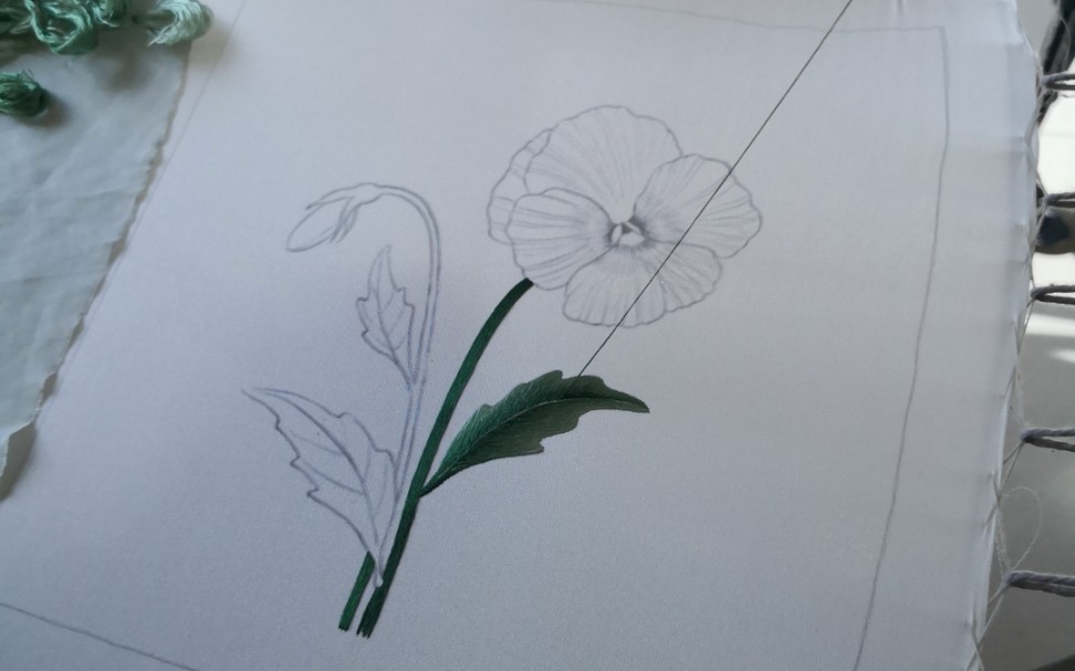 新的视频拍摄中,单面绣,一幅三色堇,8丝绣