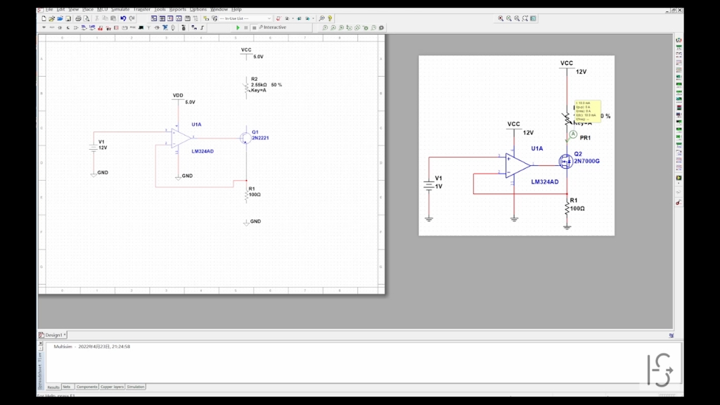 使用Multisim软件仿真运放+三极管结构的恒流源电路