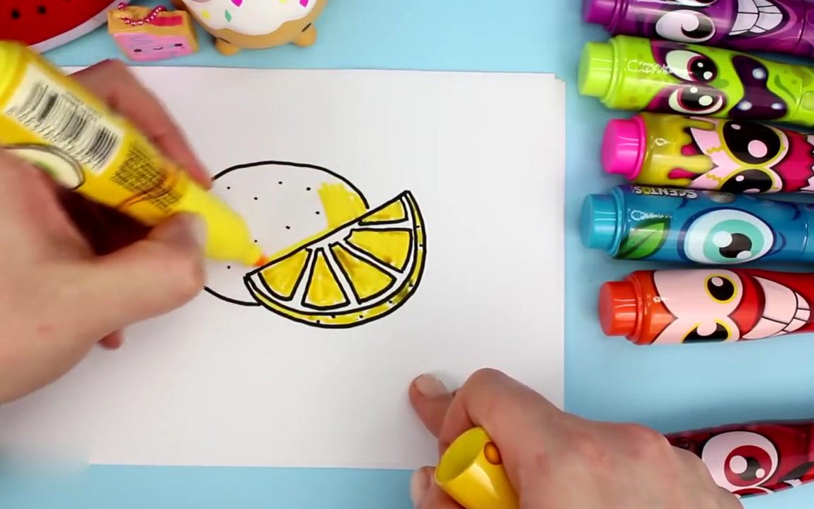 简笔画绘制水果 西瓜 蓝莓 橙子 葡萄彩色的画画