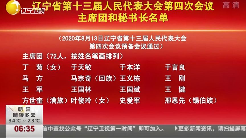 辽宁省第十三届人民代表大会第四次会议主席团和秘书长名单