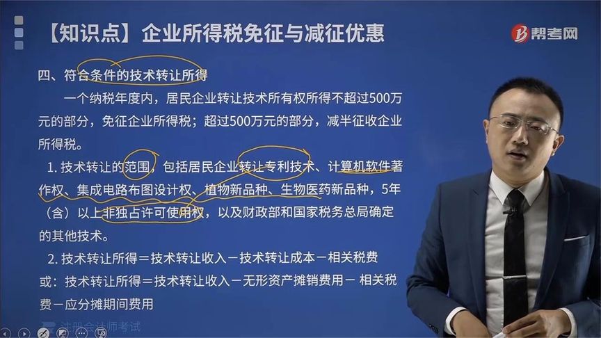 帮考网孙孝群老师讲符合条件的技术转让所得征收企税有什么优惠?