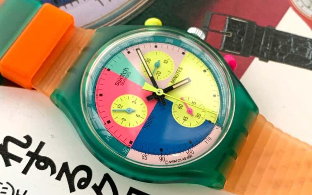 Swatch果冻绿撞色盘面1990年生产三眼计腕表