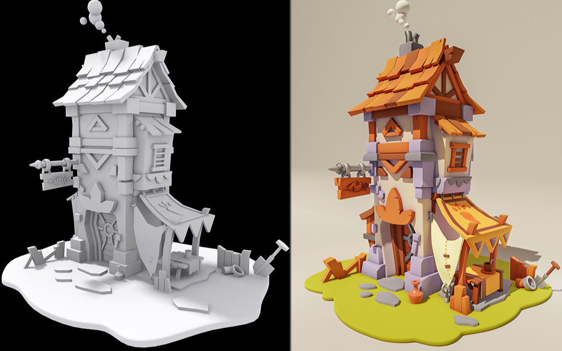 【3DMAX场景建模】卡通房子模型制作,场景模型建模思路