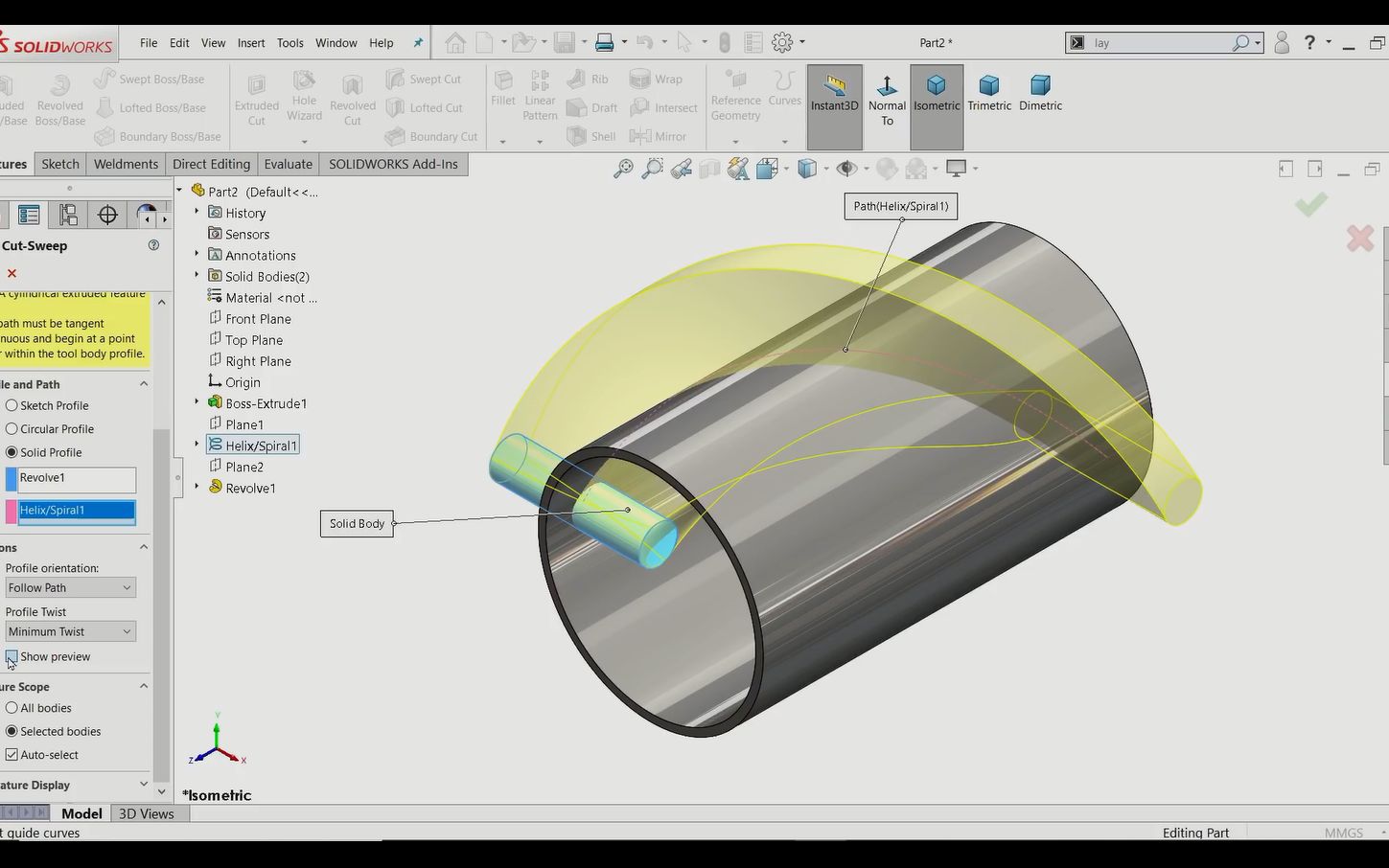 在 Solidworks 中使用实体轮廓进行扫掠 Swept Cut with Solid Profile in ...