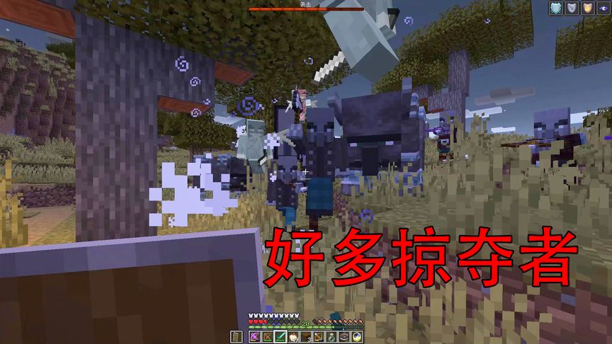 我的世界:掠夺者攻击村庄太可怕了,还有掠夺兽,巫师放的技能