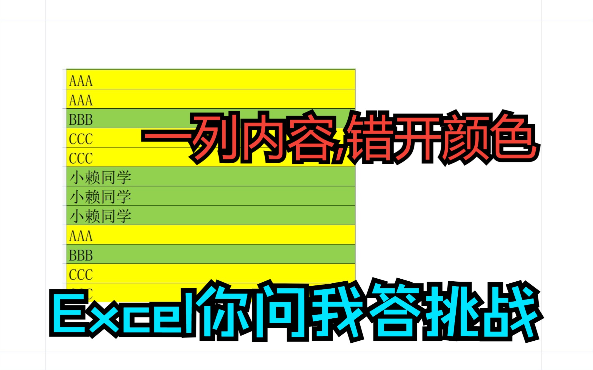 《Excel你问我答挑战》一列数据,不同内容时就错开颜色,隔组变色