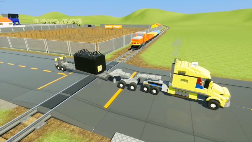 乐高BeamNG:小火车开足马力冲向卡在铁轨的大货车,车祸模拟游戏