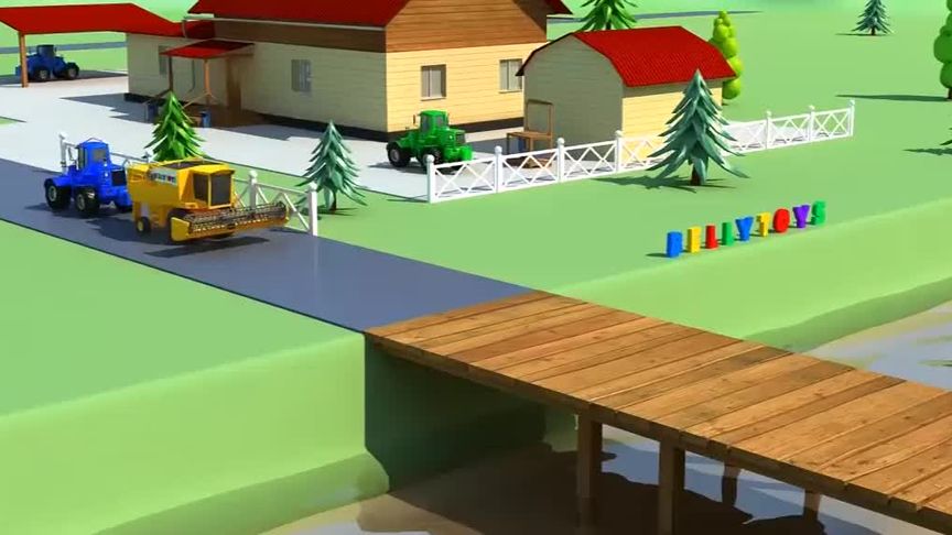 儿童动画桥断了,车车掉河里,挖掘机,推土机过来帮忙,重建新桥