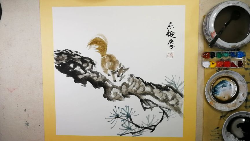 中国画入门教程动物篇。1松鼠。创作画:3对角线S形构图,完成图