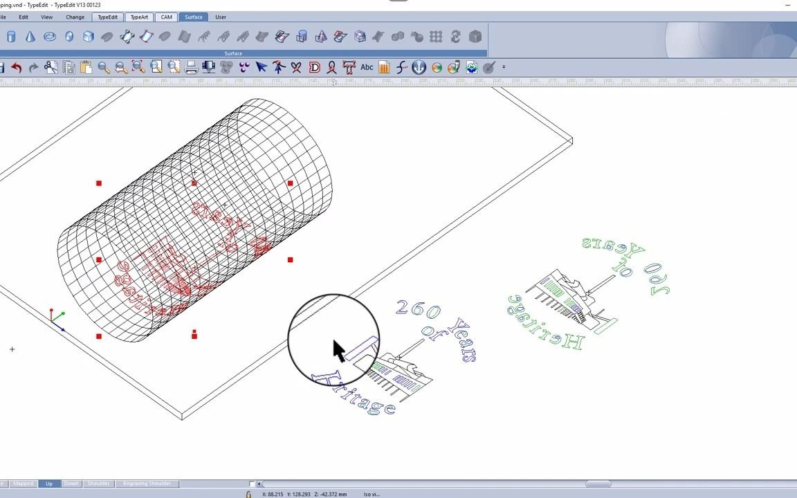 TYPE CAD V13 - 圆柱体和曲面文字图案投影